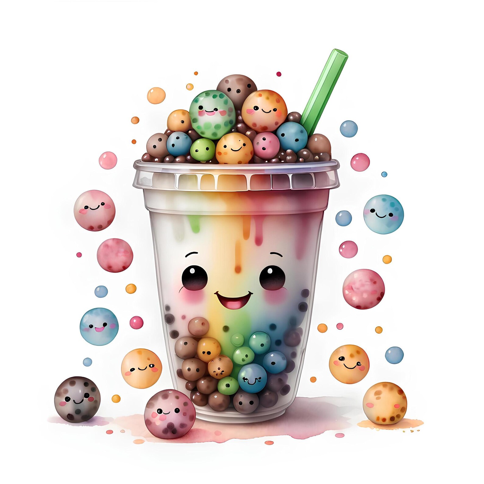 10 Kawaii Boba Tea Clipart | Watercolor Cute Bubble Tea Cup With Smile ...