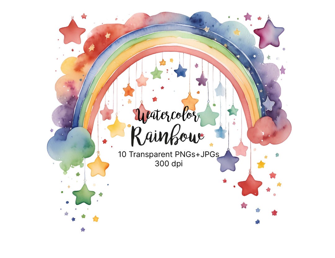 Watercolor Rainbow Clipart: Hanging Stars PNG Bundle (digital Download ...