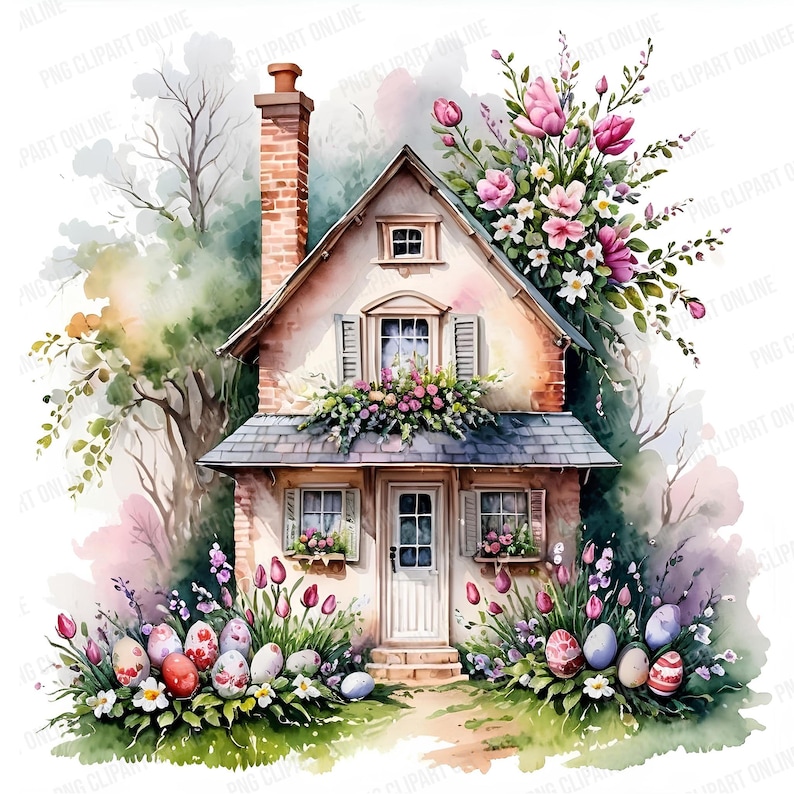 Watercolor Spring Cottage Clipart, Cherry Blossoms, Easter Eggs ...
