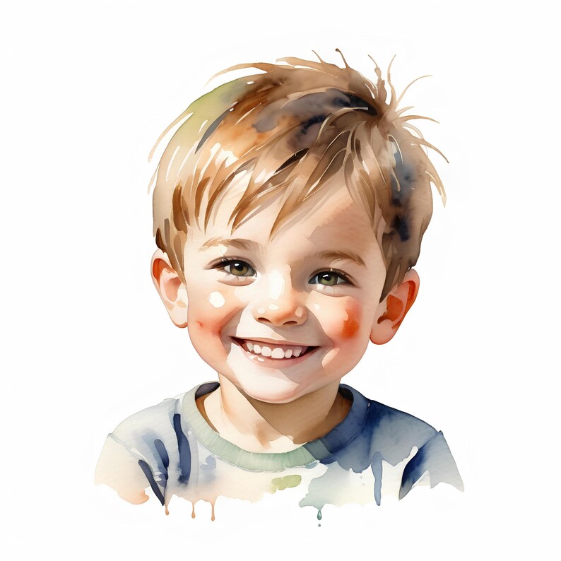 Watercolor Boy Clipart: Smiling Portrait Illustrations (JPG Download ...