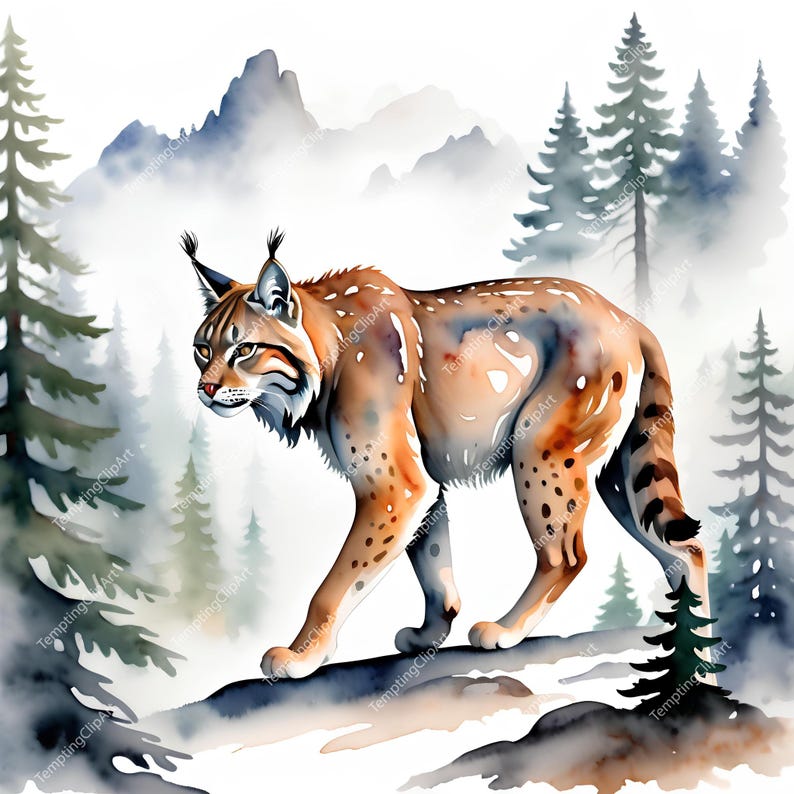 Watercolor Lynx Clipart: Misty Pine Forest Animal Art (digital Download ...
