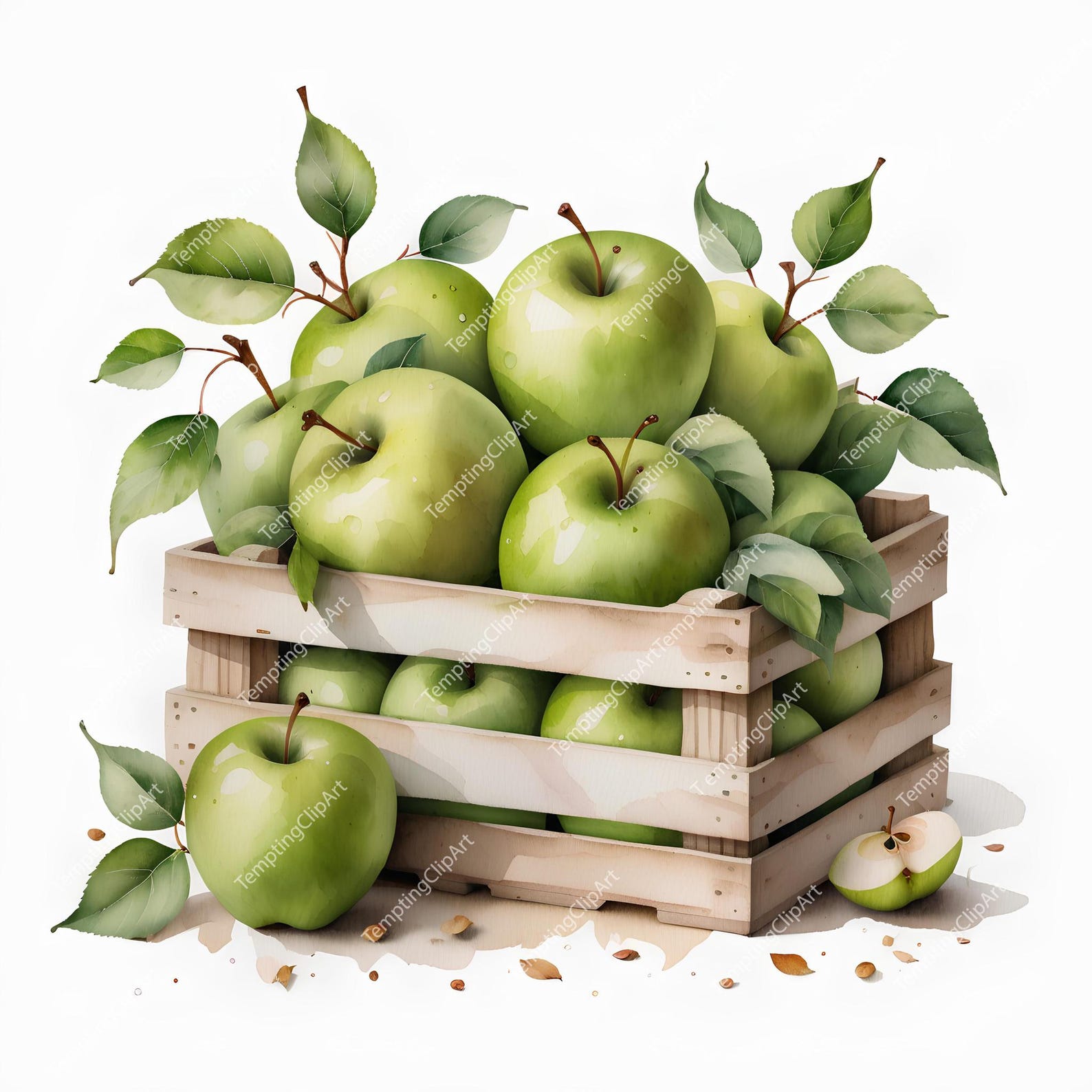 10 Green and Red Apples in Wooden Crate Clipart | Watercolor Rustic ...