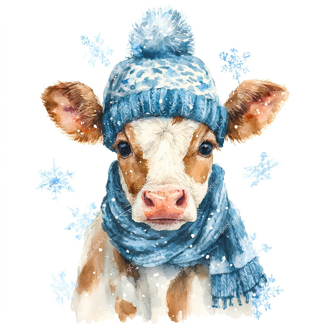 Christmas Cow Clipart | Watercolor Calf With Knitted Hat (digital ...