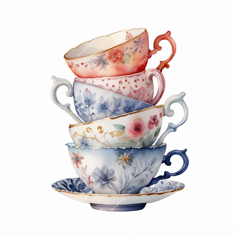 10 Watercolor Teacup Stack Clipart | High Quality Jpgs | Mismatched ...