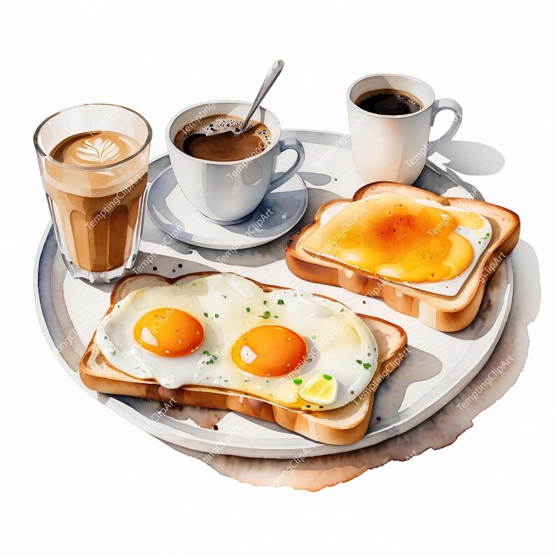 10 Watercolor Breakfast Tray Clipart With Eggs, Toast and Coffee | High ...