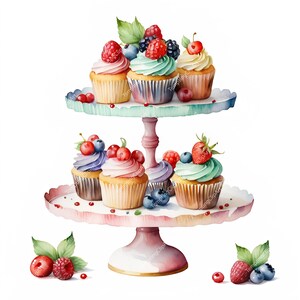 10 Watercolor Cake Stand Clipart With Cupcakes and Berries | High ...