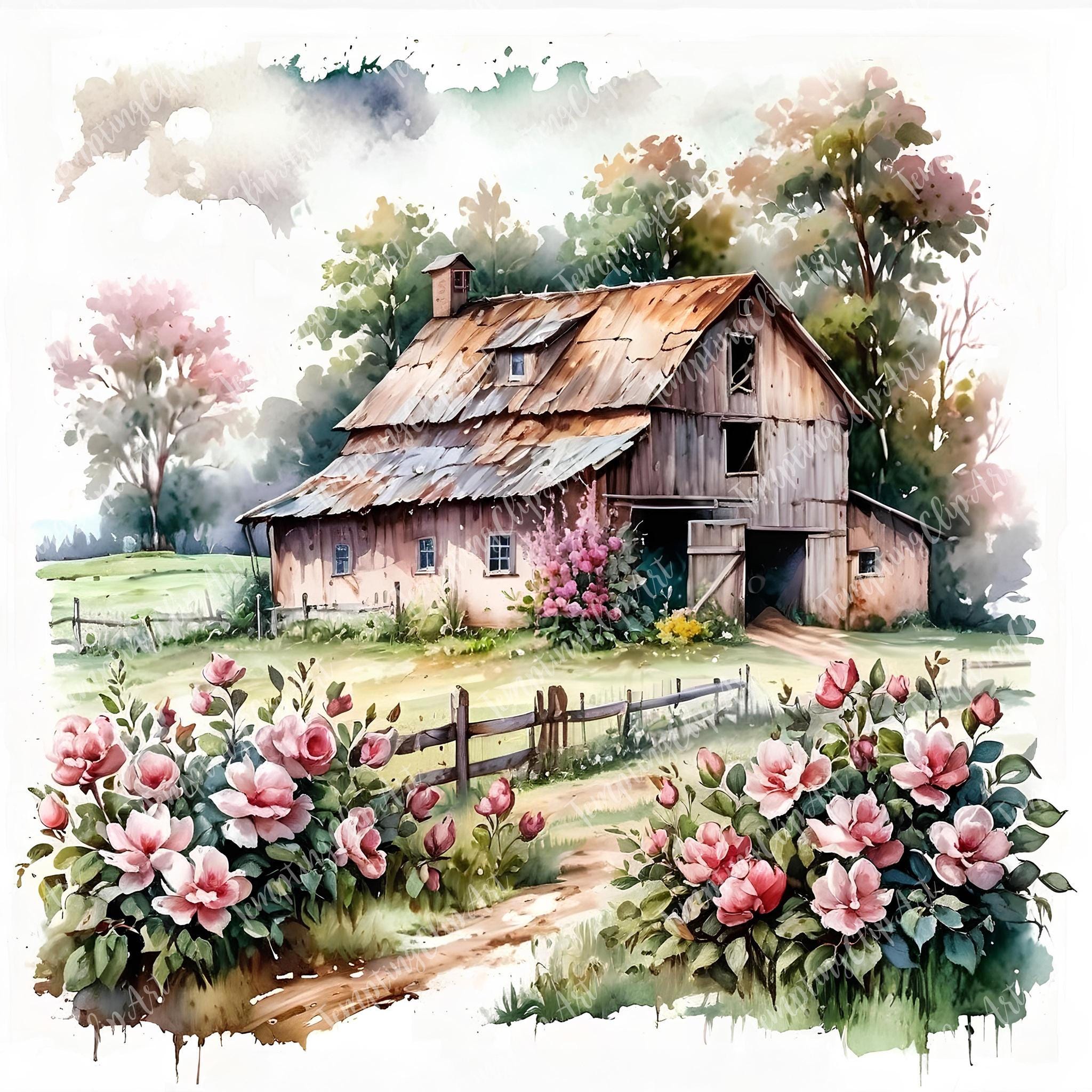 Old Wooden Barn JPG Bundle, Rural Field Landscape, Nostalgic Watercolor ...