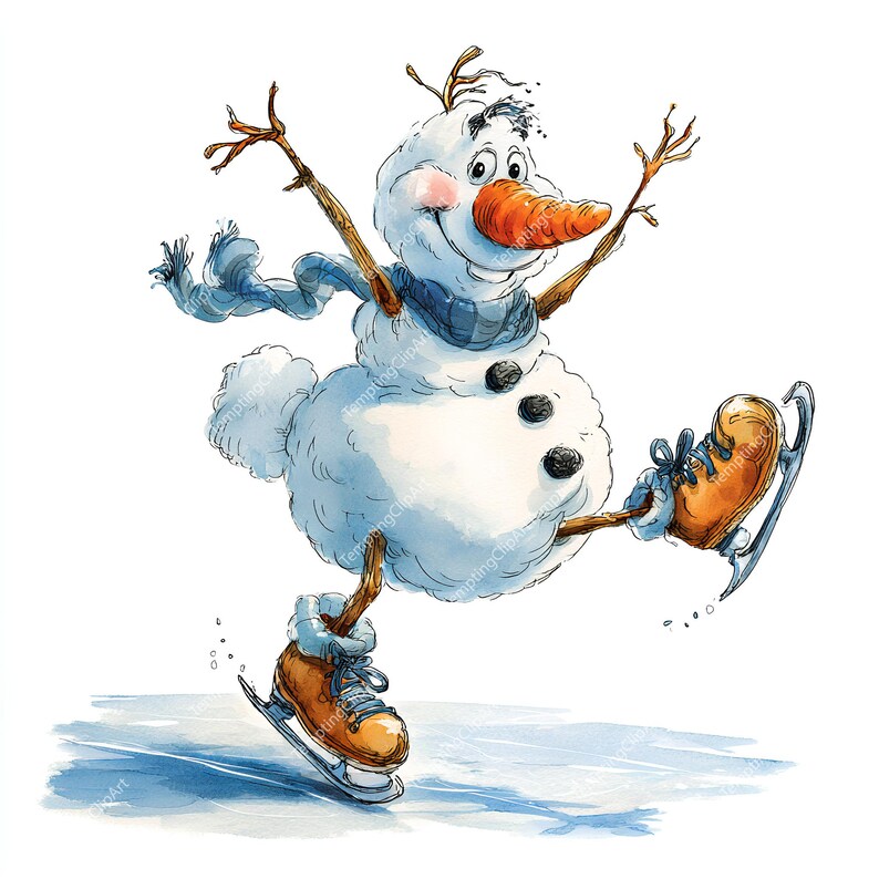 Watercolor Snowman Clipart | Goofy Cartoon, Ice Skating (digital ...