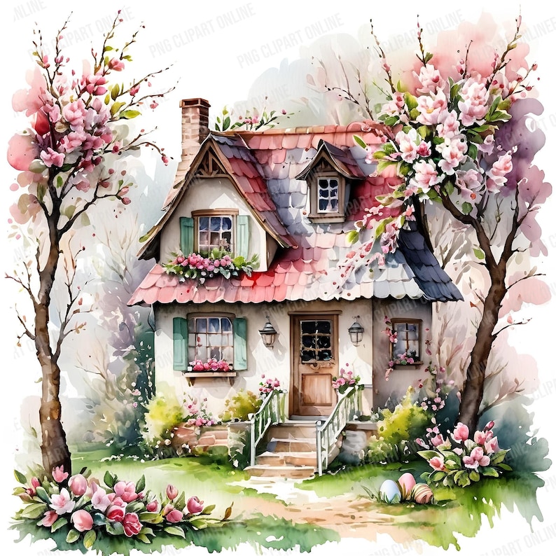 Watercolor Spring Cottage Clipart, Cherry Blossoms, Easter Eggs ...