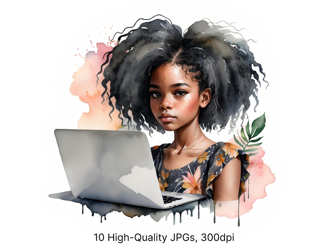 Watercolor Black Girl Clipart: Afro Hair, Laptop Art (JPG Download) - Etsy