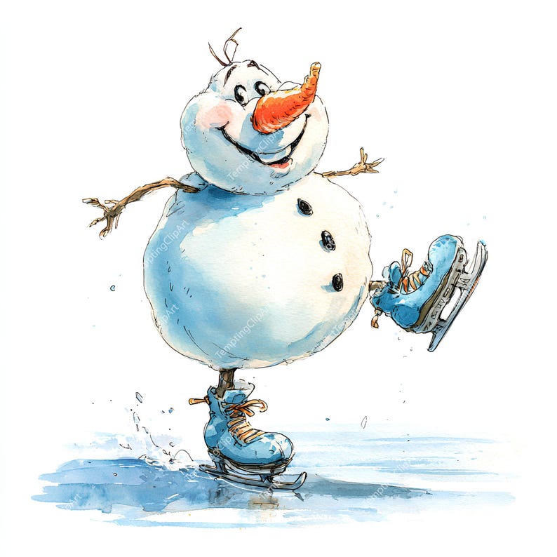 Watercolor Snowman Clipart | Goofy Cartoon, Ice Skating (digital ...