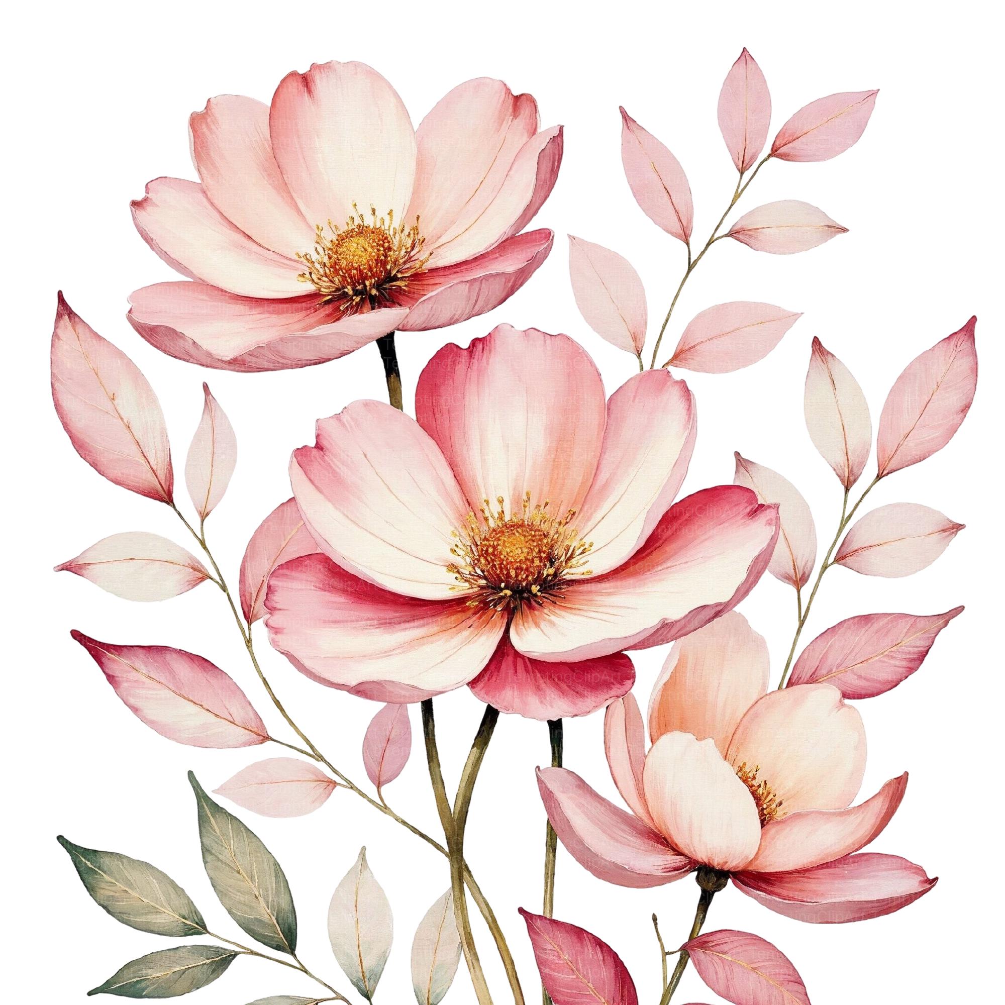 Watercolor Pink & Gold Flower Clipart: Abstract Floral Pngs (digital ...