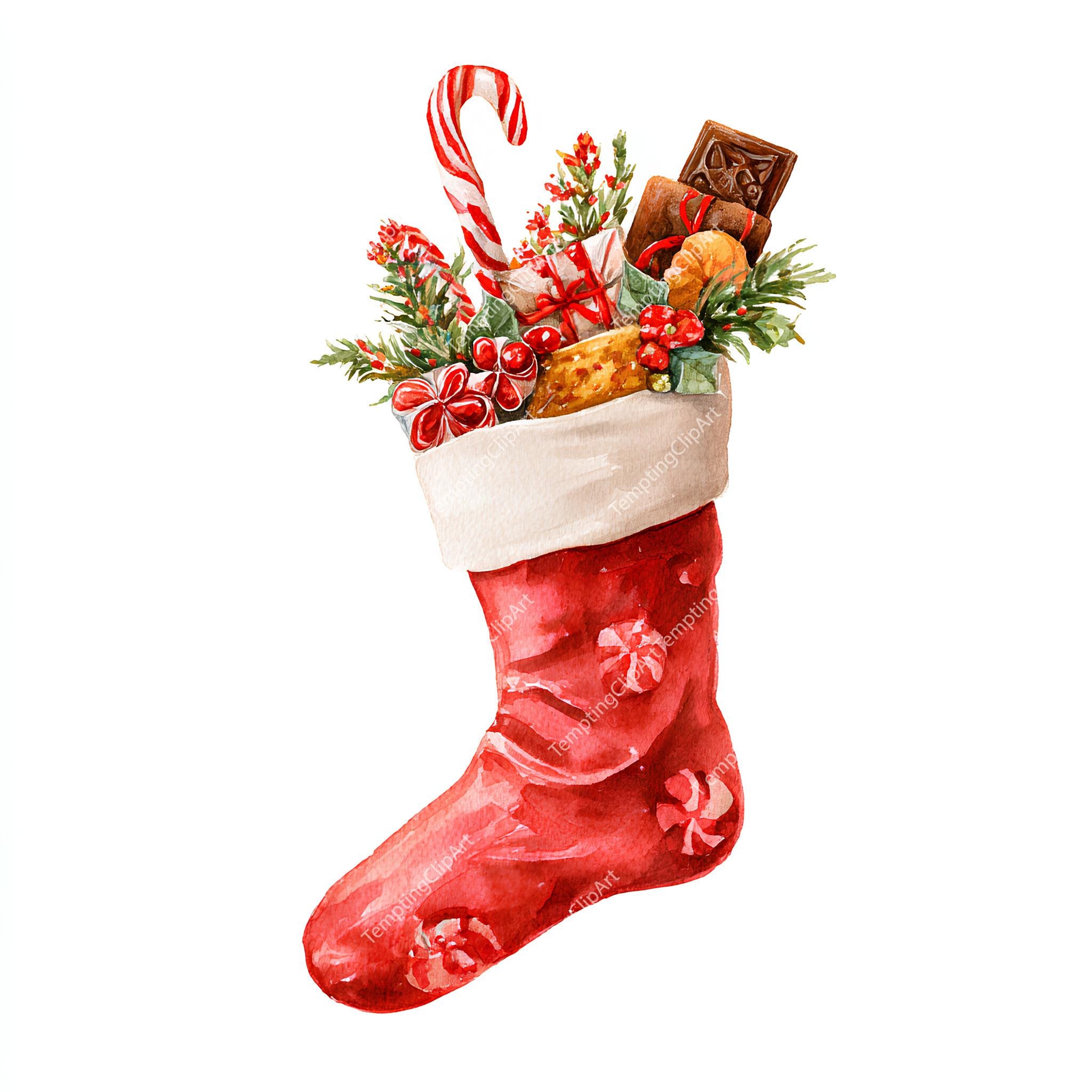 12 Christmas Stocking Clipart | Red Holiday Sock Filled, Watercolor ...