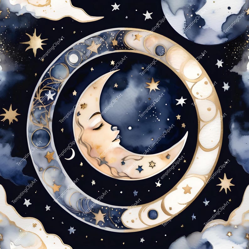 10 Celestial Moon Phase Clipart | Watercolor Full Moon, Crescent ...