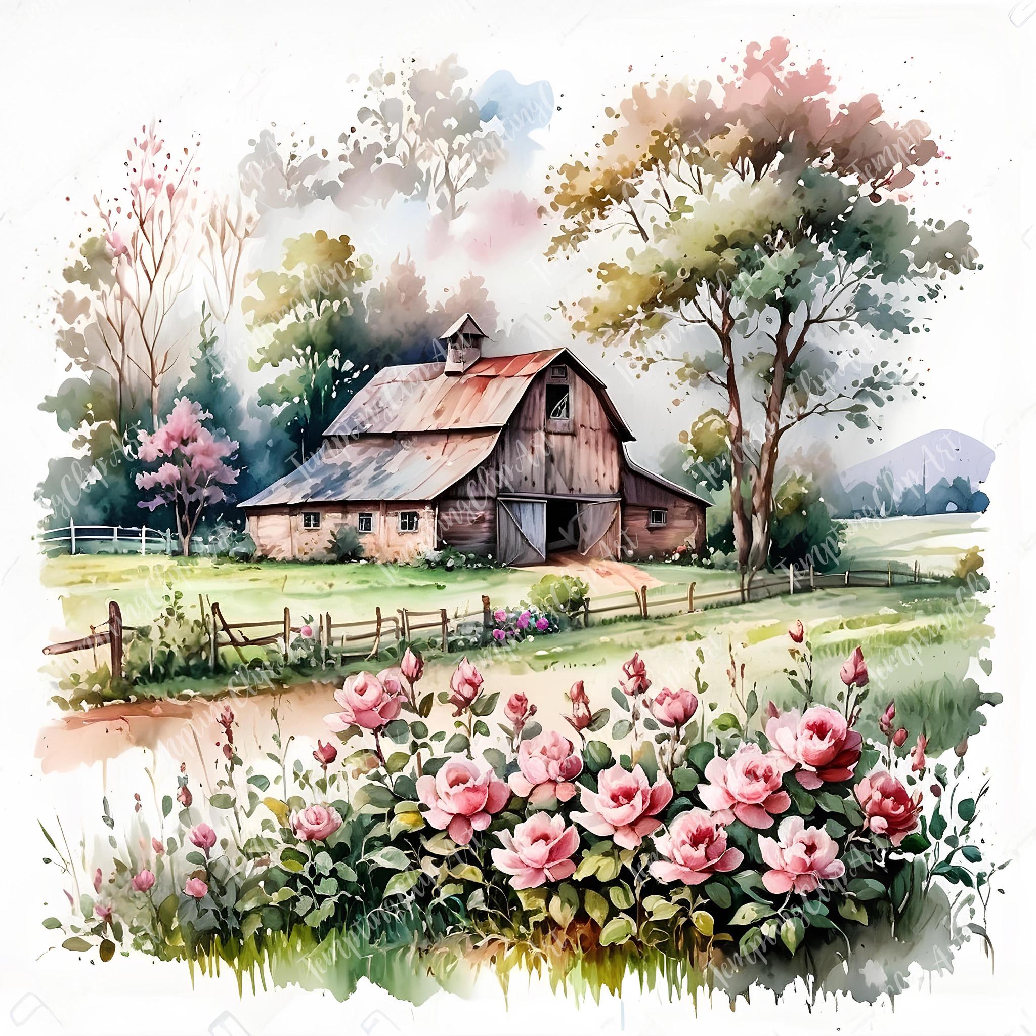 Old Wooden Barn JPG Bundle, Rural Field Landscape, Nostalgic Watercolor ...