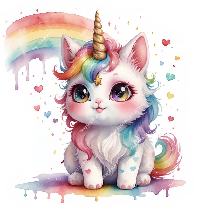 10 Watercolor Caticorn Clipart | Cute Kawaii Unicorn Cat With Rainbow ...