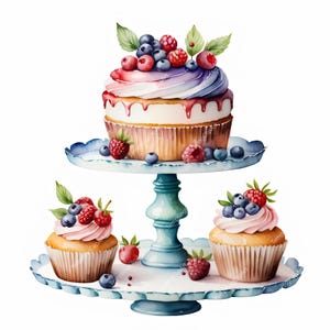 10 Watercolor Cake Stand Clipart With Cupcakes and Berries | High ...