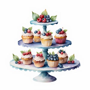 10 Watercolor Cake Stand Clipart With Cupcakes and Berries | High ...