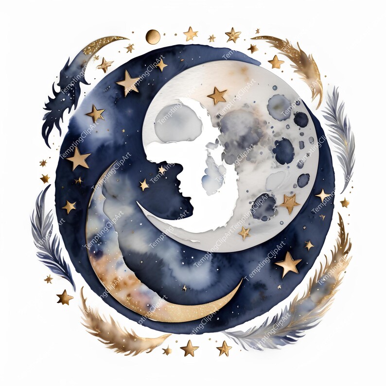 10 Celestial Moon Phase Clipart | Watercolor Full Moon, Crescent ...