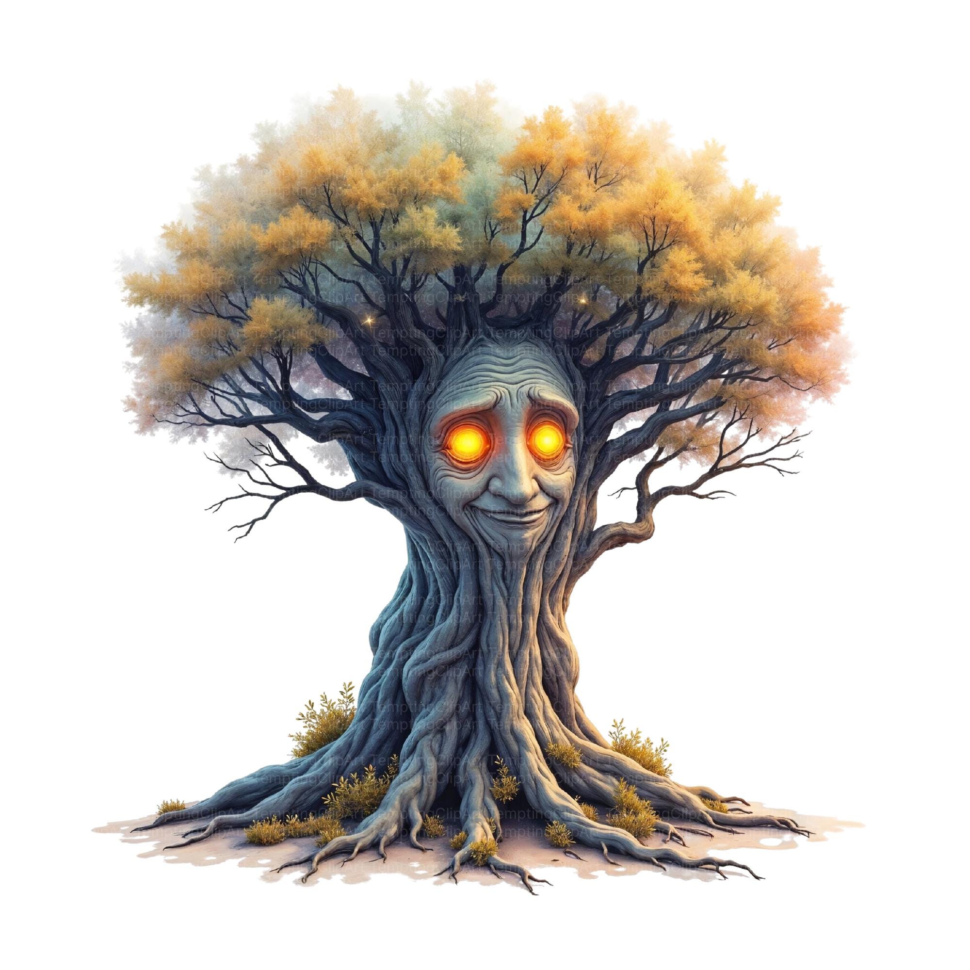 Ancient Tree Clipart | Watercolor Fantasy Tree With Face, Glowing Eyes ...
