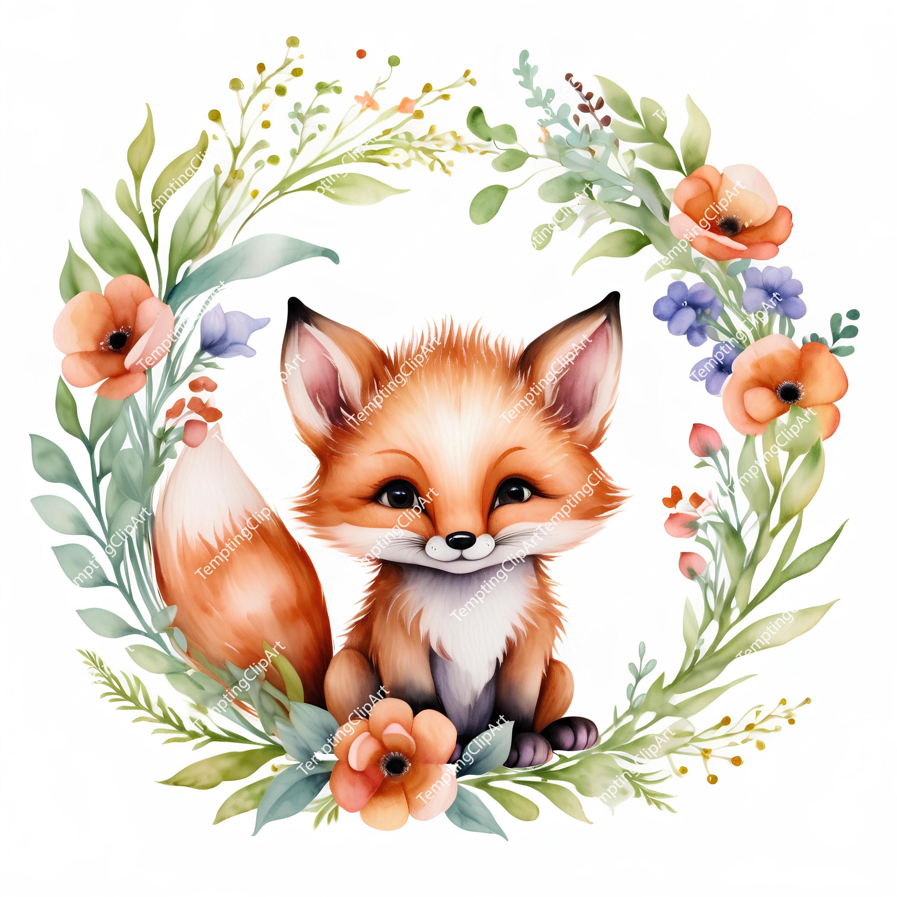 10 Baby Fox Clipart | Woodland Foxes in Floral Wreaths, Watercolor ...