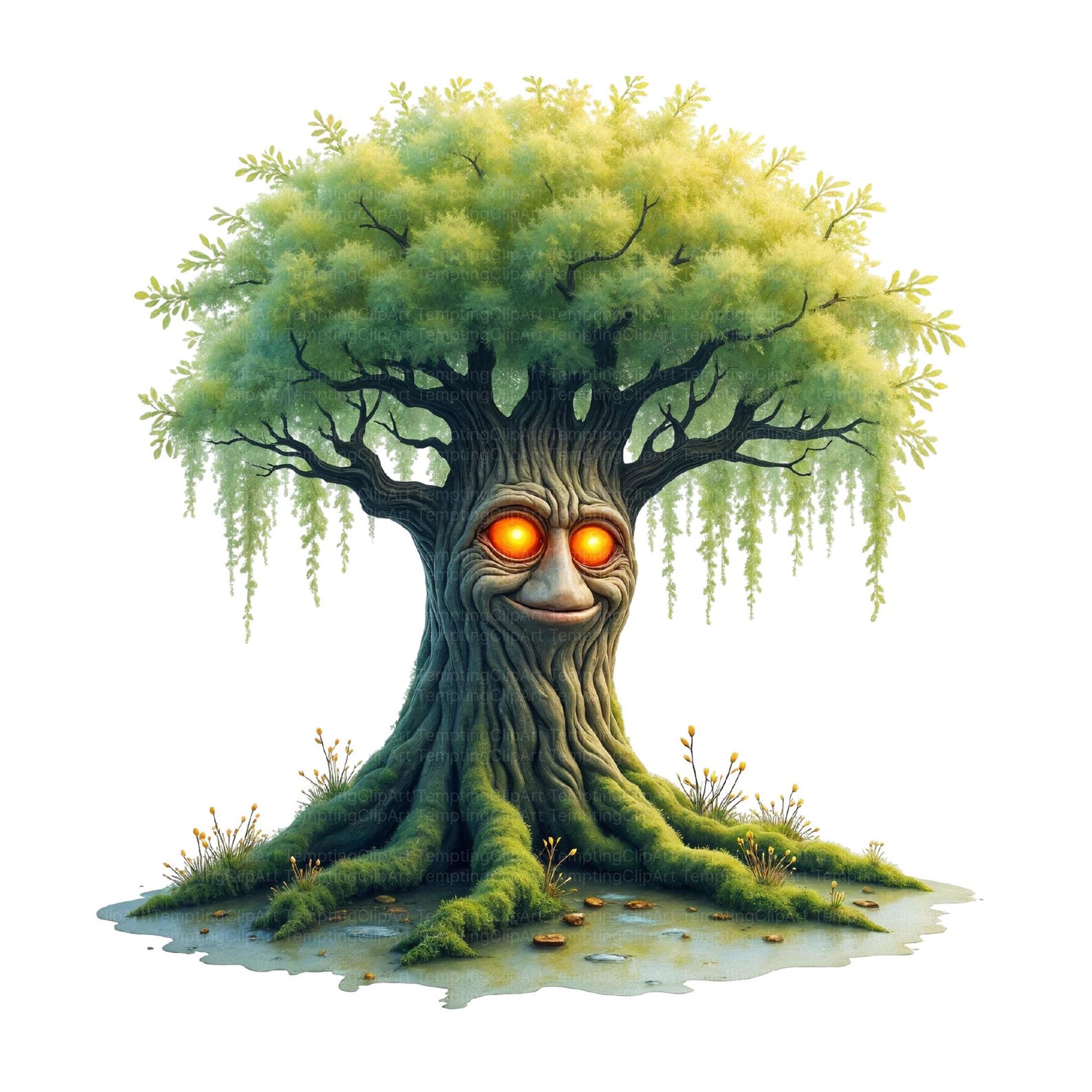 Ancient Tree Clipart | Watercolor Fantasy Tree With Face, Glowing Eyes ...