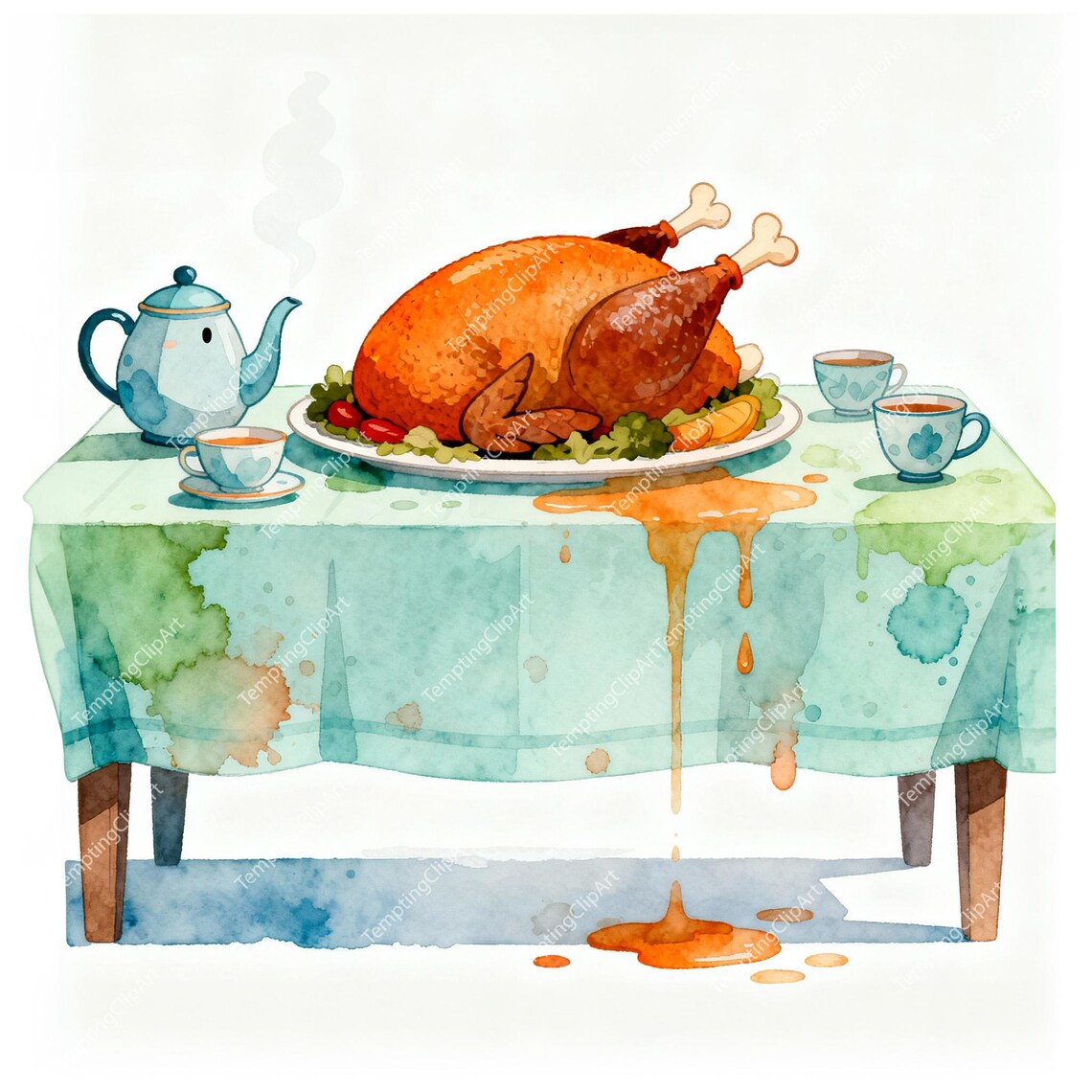Watercolor Christmas Dinner Clipart | Festive Turkey Table (digital ...
