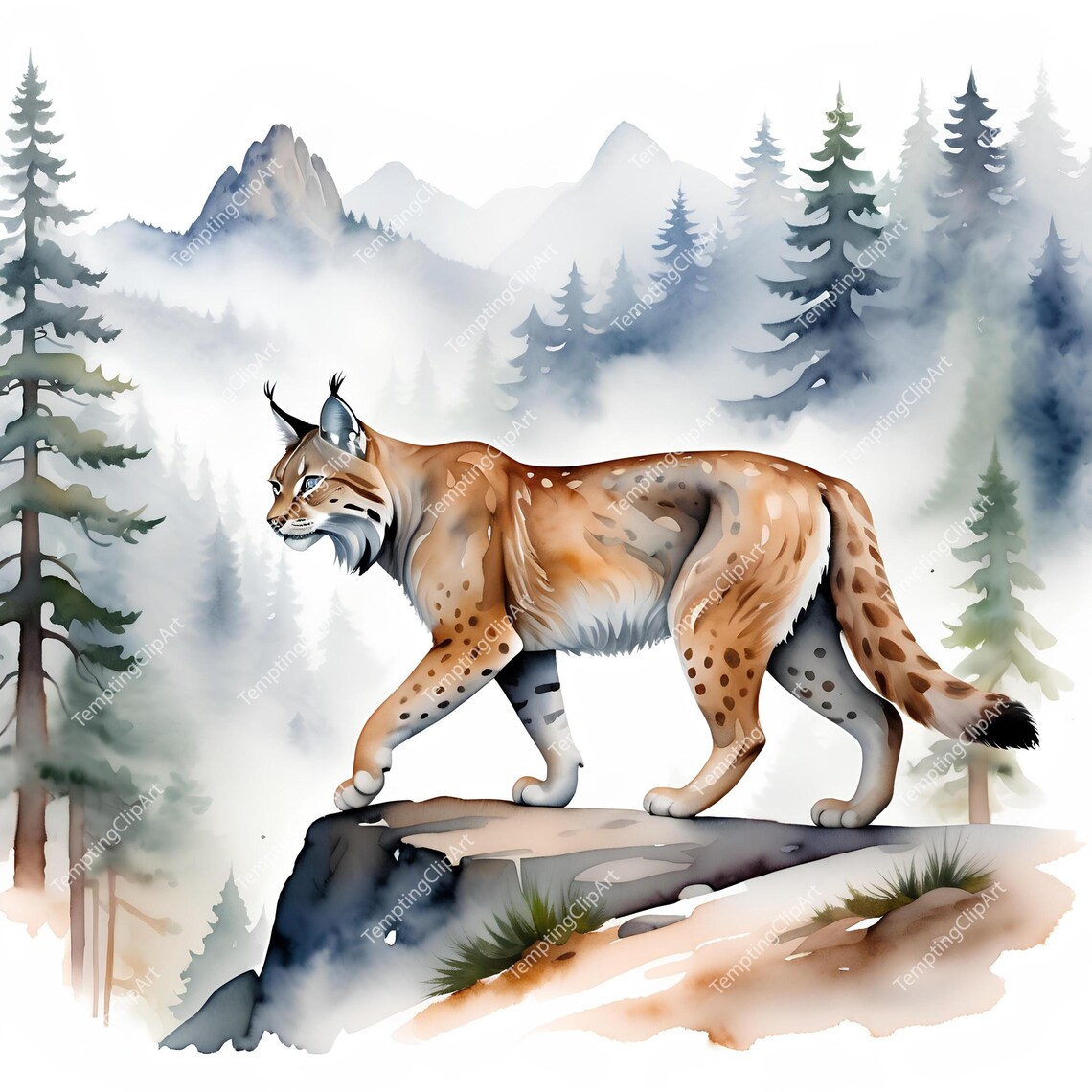 Watercolor Lynx Clipart: Misty Pine Forest Animal Art (digital Download ...