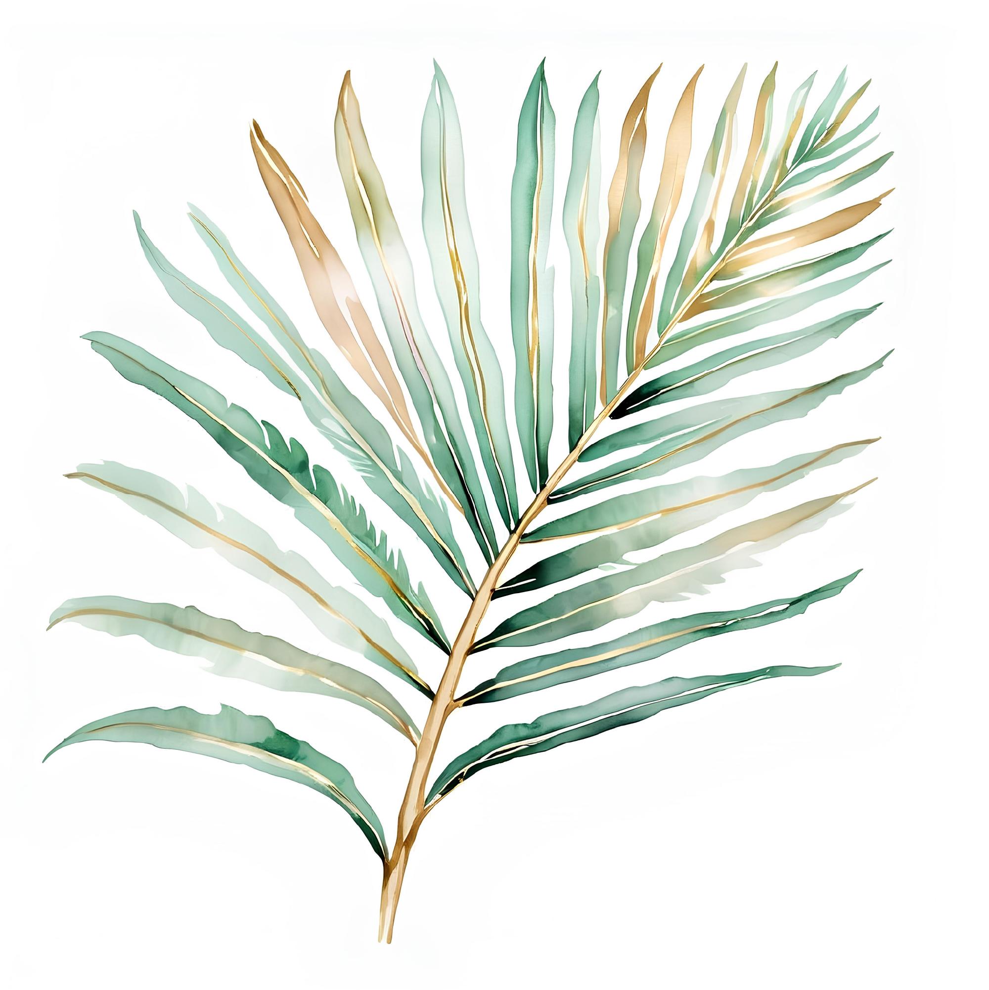10 Watercolor Palm Frond Clipart | Mint Green Tropical Leaf With Gold ...