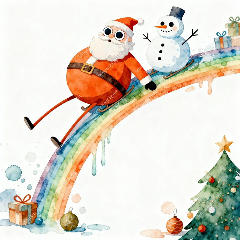 12 Santa and Elf on Rainbow Clipart | Christmas Printable Watercolor ...