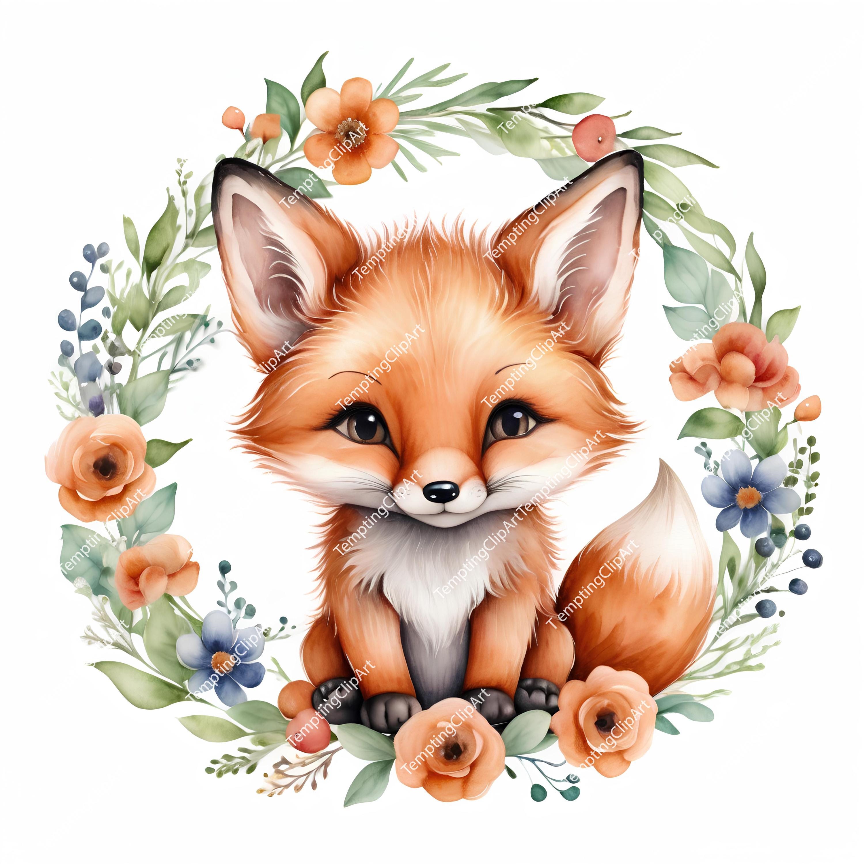 10 Baby Fox Clipart | Woodland Foxes in Floral Wreaths, Watercolor ...