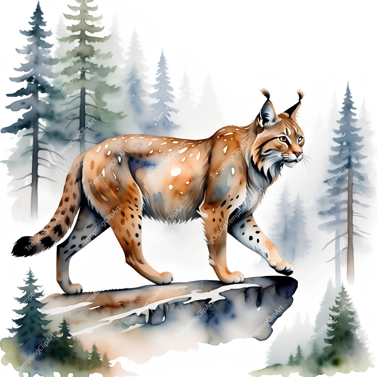 Watercolor Lynx Clipart: Misty Pine Forest Animal Art (digital Download ...