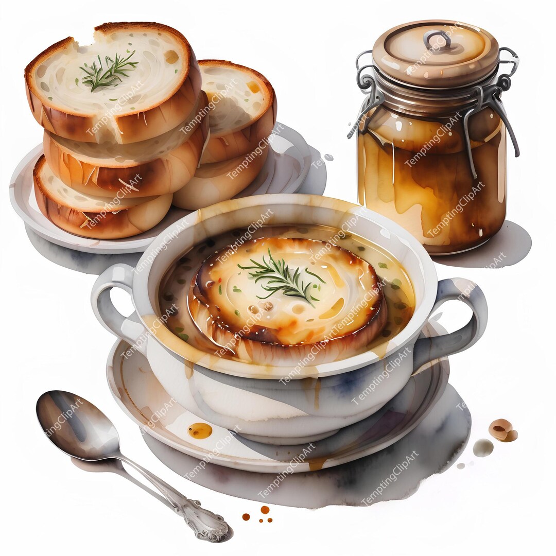 10 Watercolor French Onion Soup Clipart With Bread | High Quality Jpgs ...