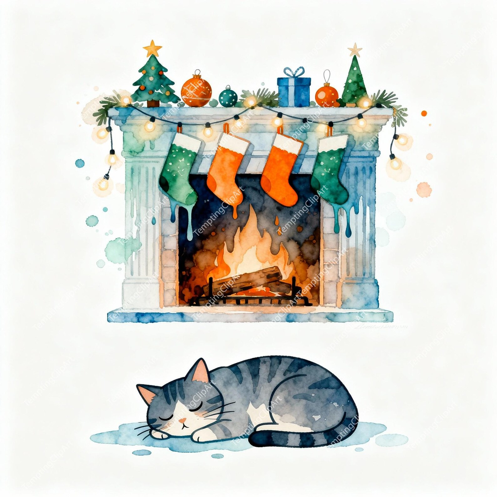 11 Festive Fireplace & Christmas Stockings Clipart | Watercolor Clipart ...