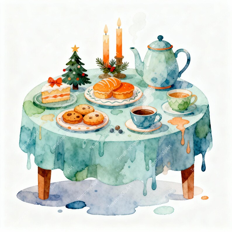 Watercolor Christmas Dinner Clipart | Festive Turkey Table (digital ...