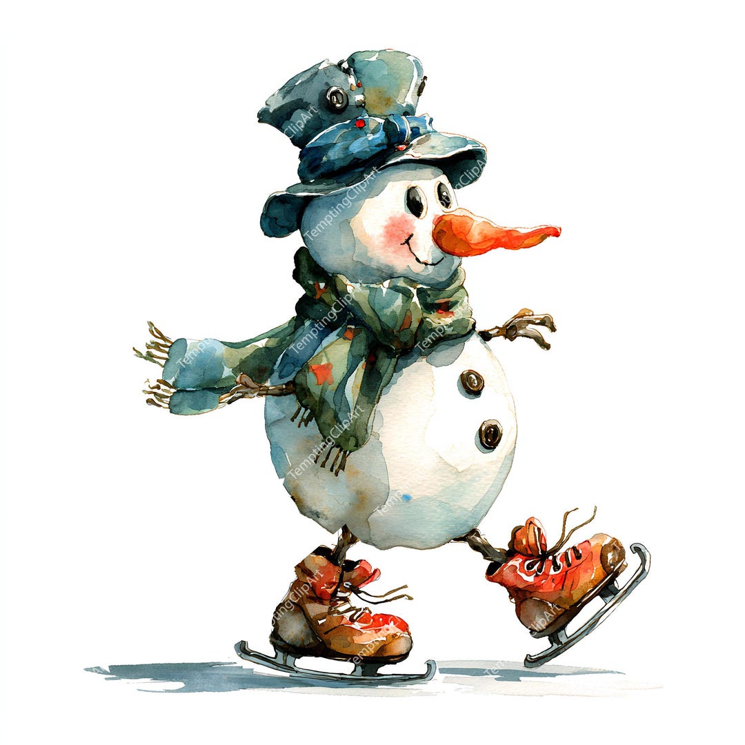 Watercolor Snowman Clipart | Goofy Cartoon, Ice Skating (digital ...