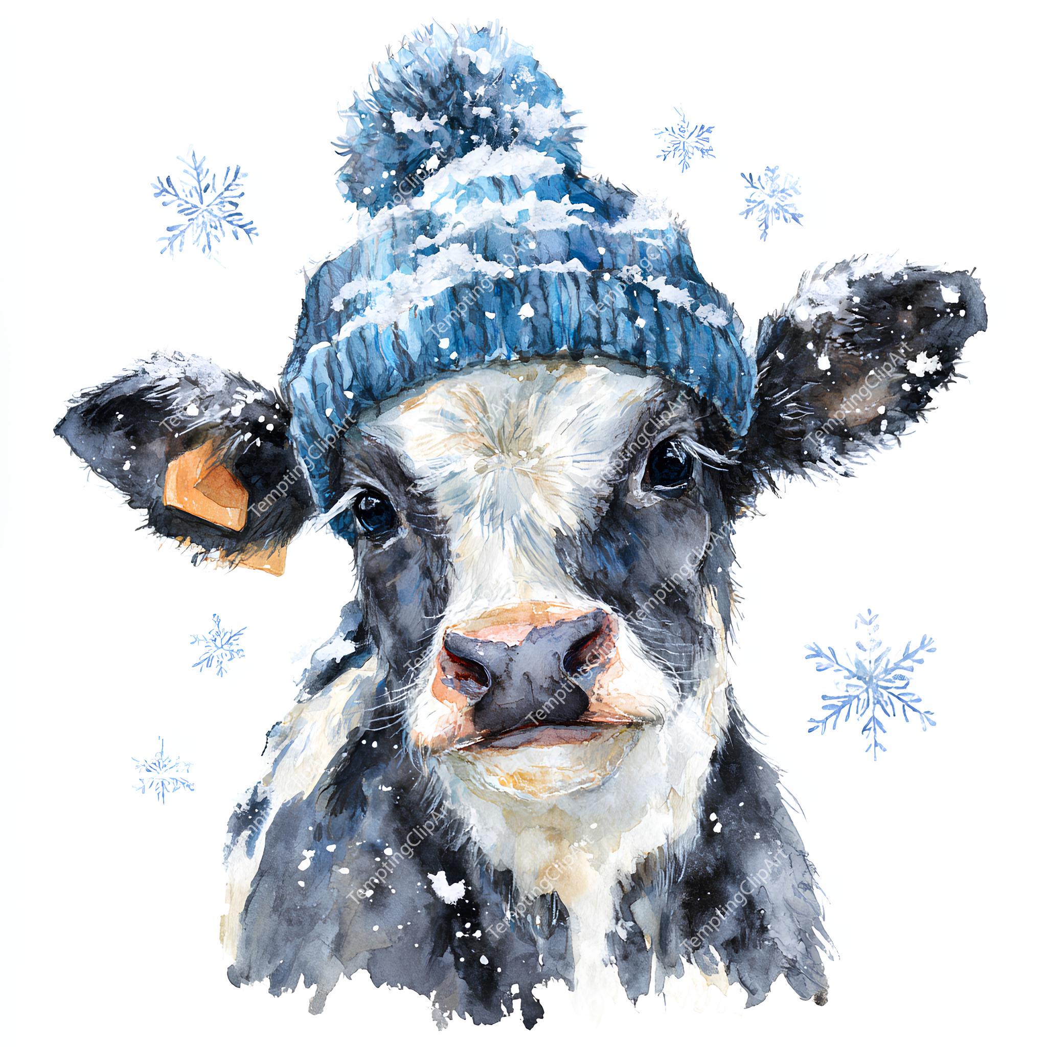 14 Christmas Cow Clipart | Cute Calf With Knitted Hat, Watercolor ...