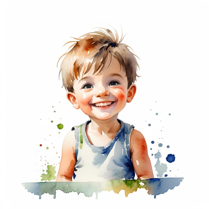 Watercolor Boy Clipart: Smiling Portrait Illustrations (JPG Download ...