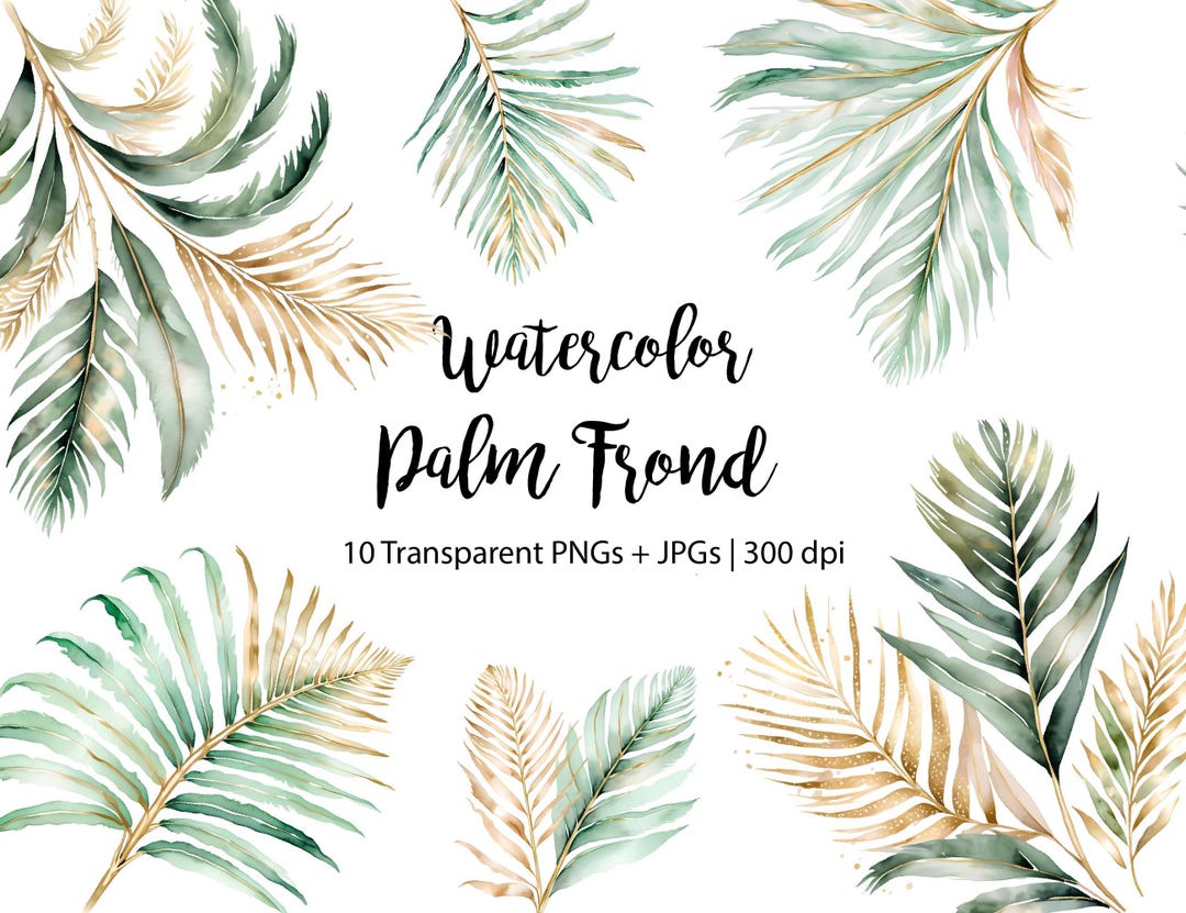 Watercolor Palm Frond Clipart | Mint Tropical Leaf With Gold Outline ...