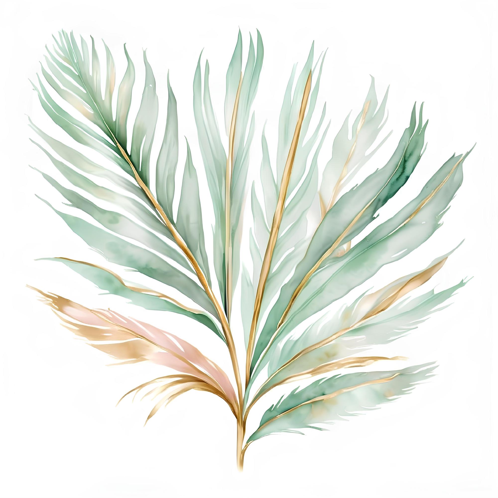 10 Watercolor Palm Frond Clipart | Mint Green Tropical Leaf With Gold ...