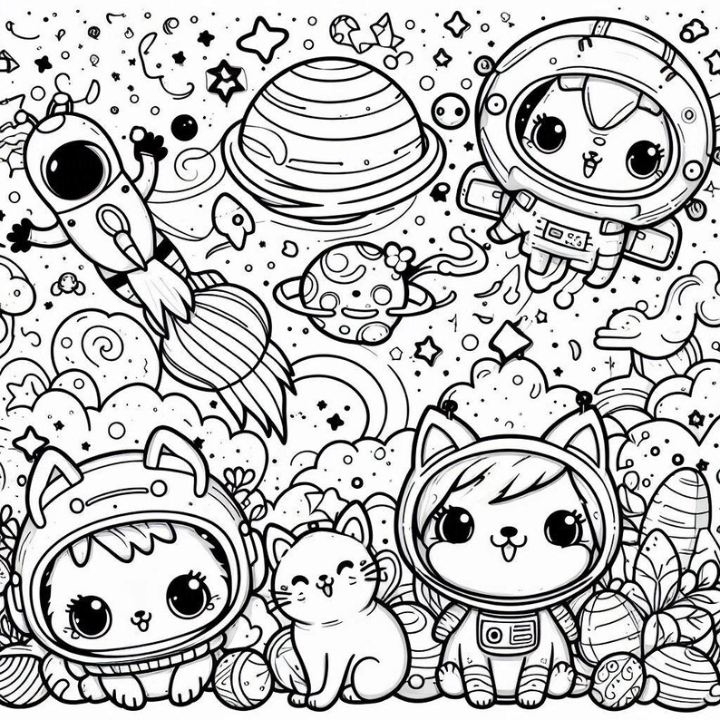 Kawaii Animals in Space Coloring Book.cute and Funny Space Coloring ...