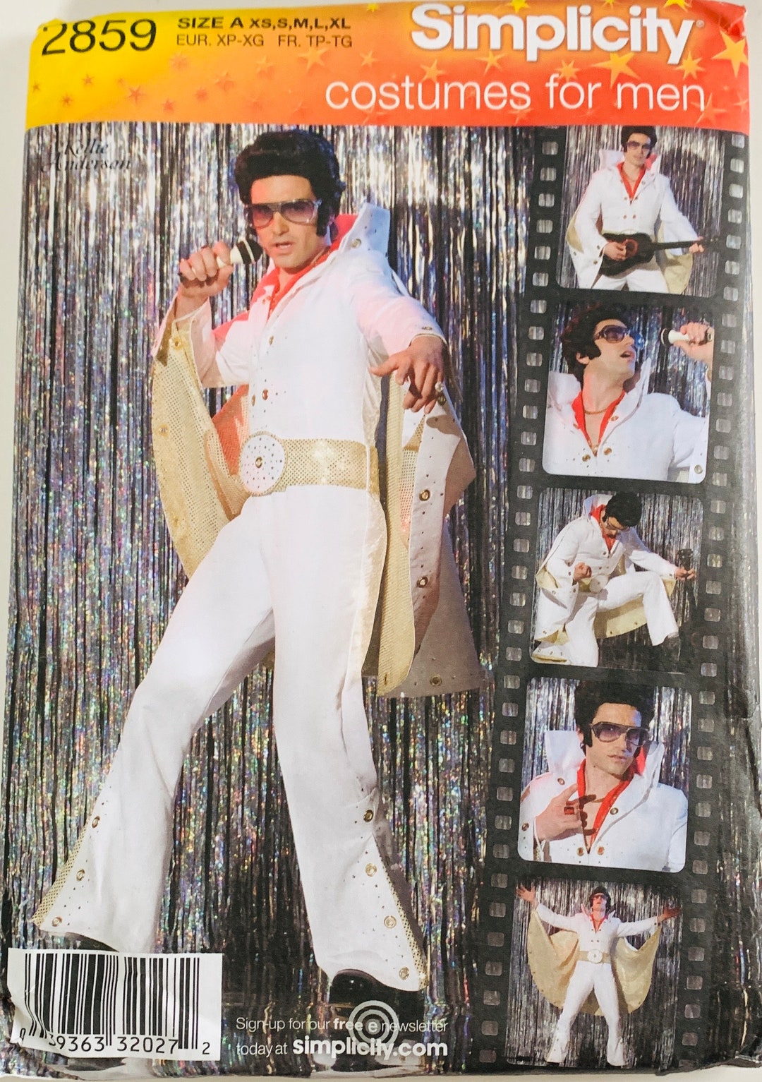 Mens Elvis Costume Pattern Jumpsuit Belt Cape Guitar Bag Sizes XS S M L ...