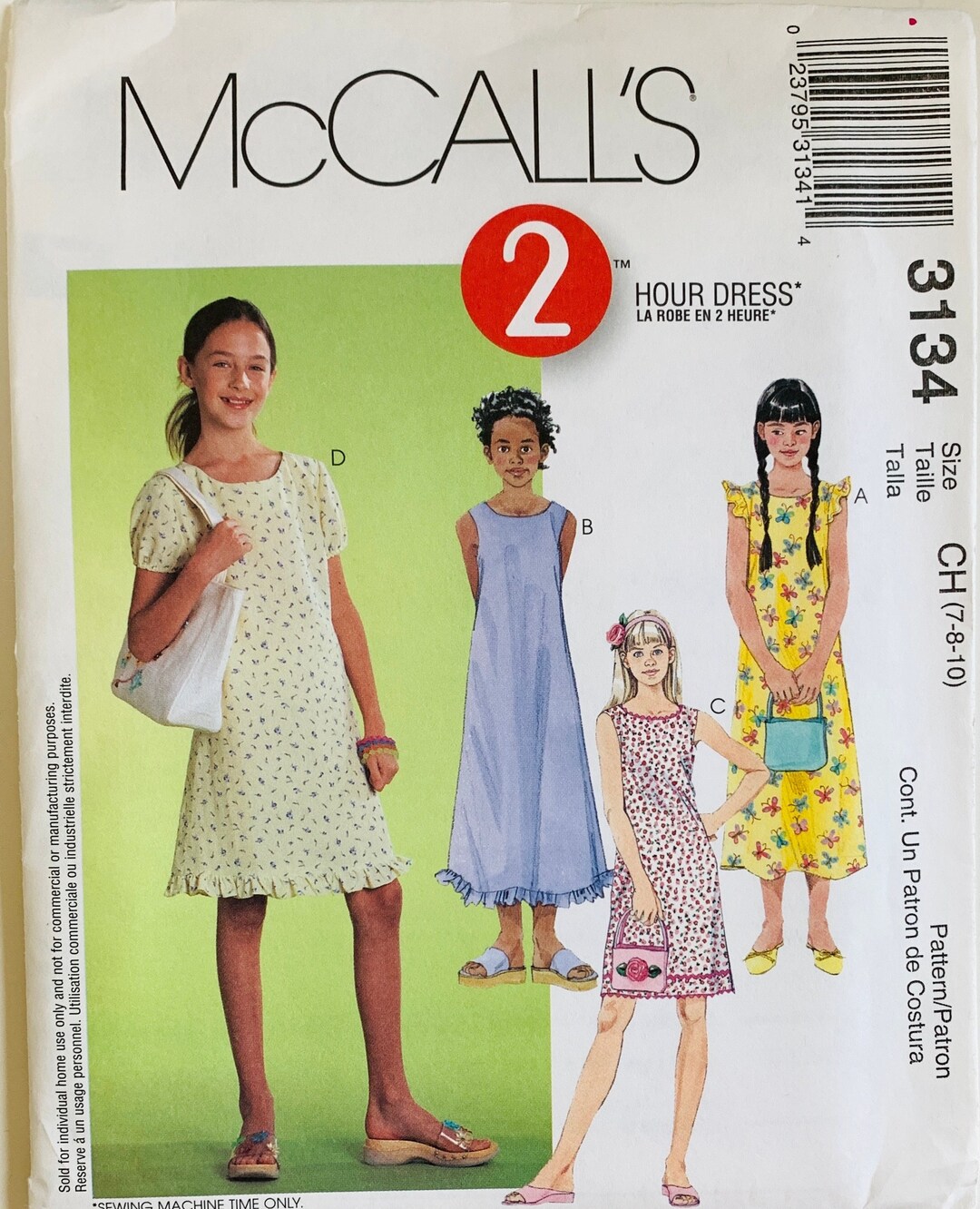 Girls 2 Hour Dress Pattern A-line, 2 Lengths, 3 Sleeve Variations 4 ...
