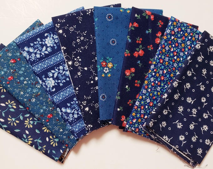 8 Blue Calico Fabric Scraps Quilting Cotton 9x11 Pieces Floral Sewing ...