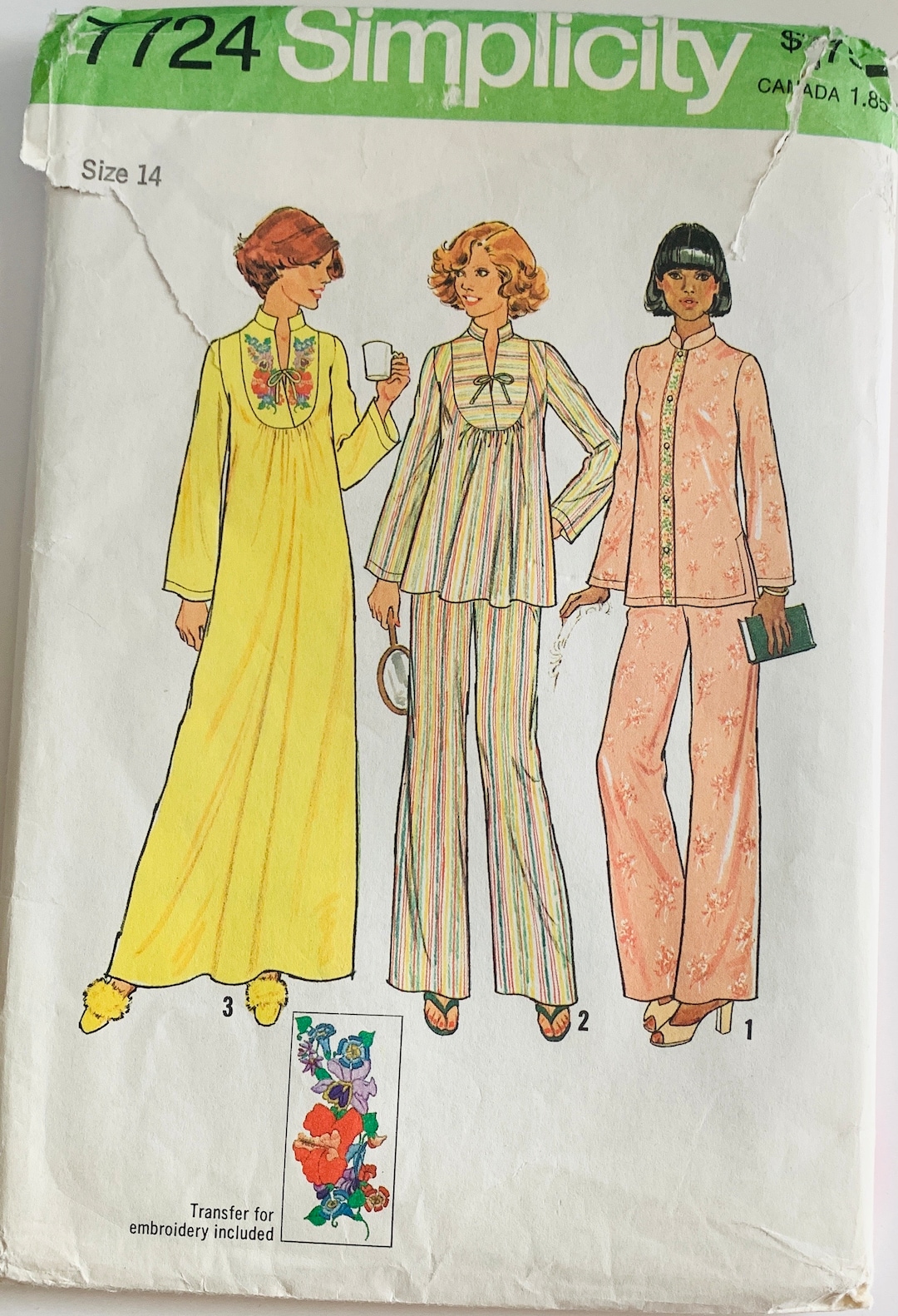 70s Misses Pullover Caftan or Nightgown and Pajamas Pattern Size 14 ...