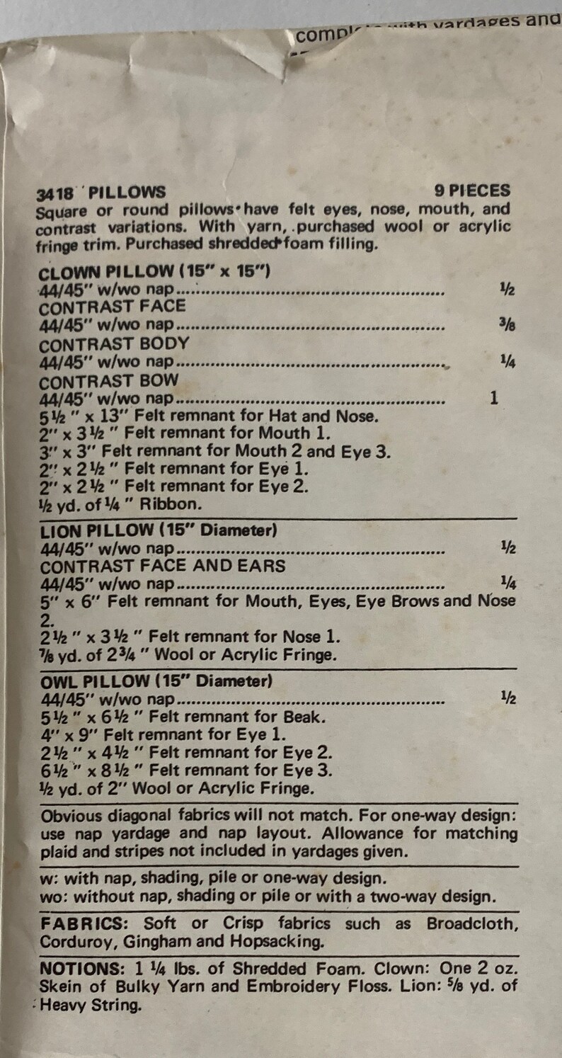 70s Retro Pillows Pattern 3 Styles Owl Lion Clown Vintage Butterick ...