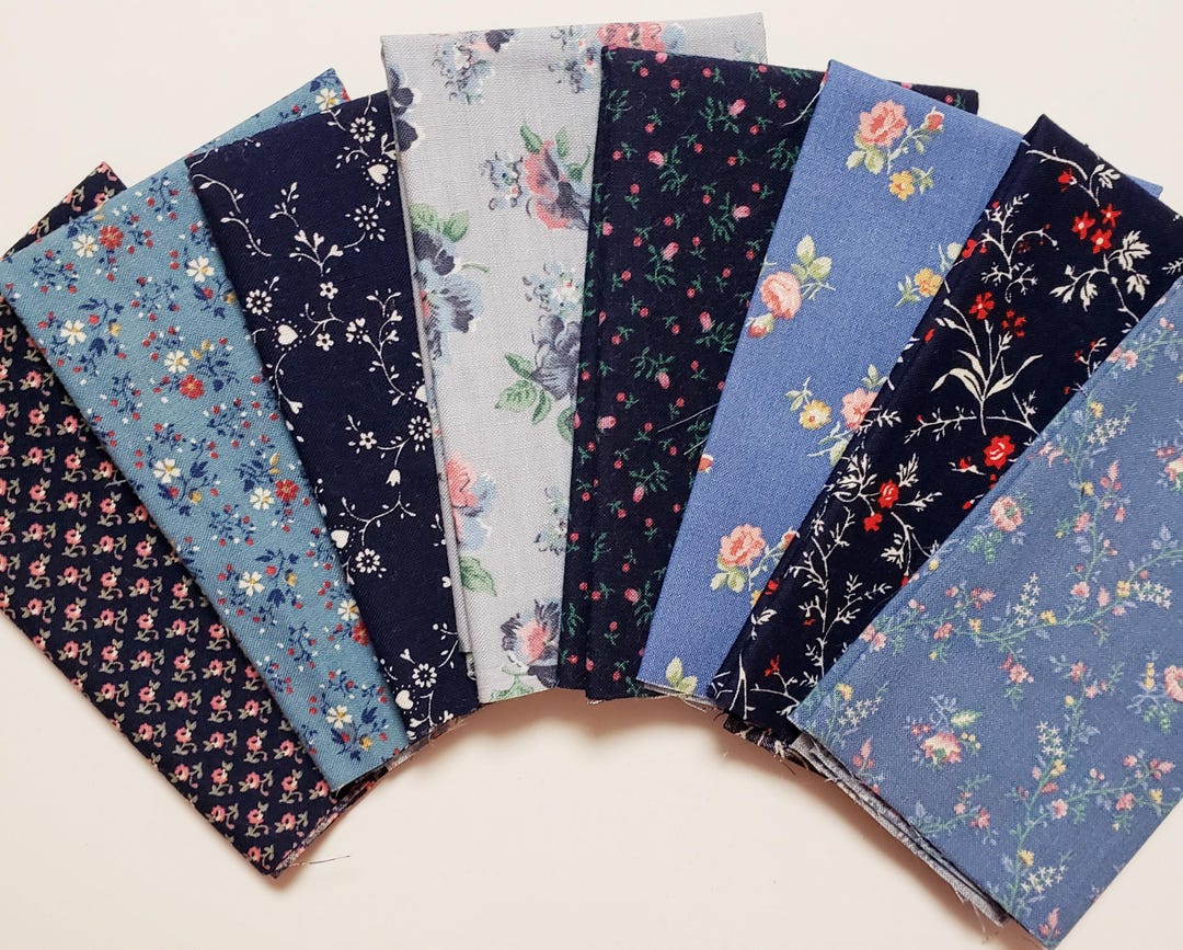 8 Vintage Blue Floral Calico Fabric Scraps Quilting Cotton 9x11 Pieces ...