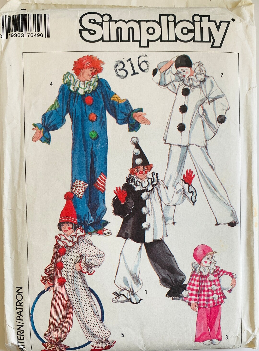 Boys Girls Clown Costume Pattern 5 Styles With Hat Size 10-12 Vintage ...