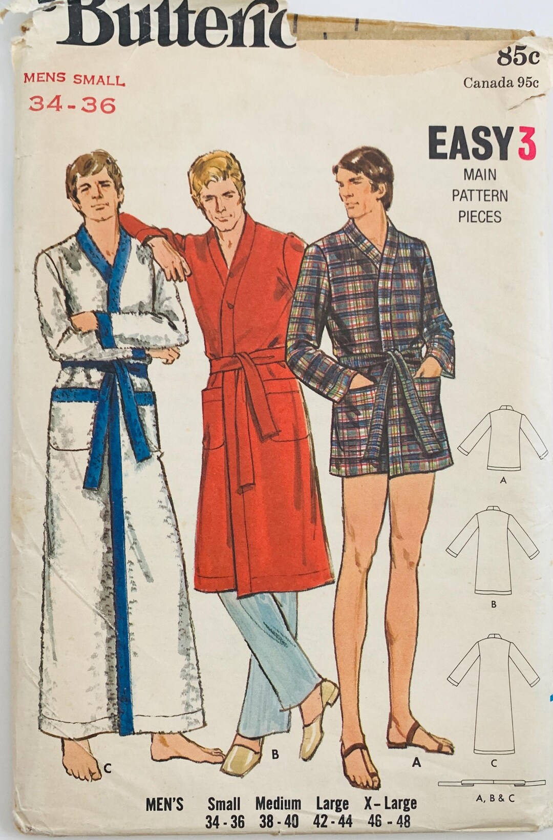 Easy Mens Wrap Robe Pattern 3 Lengths Patch Pockets V-neckline Self Tie ...