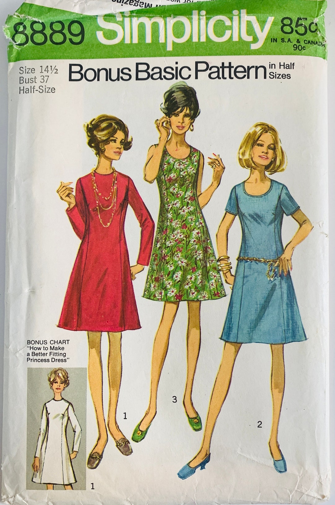 70s Half Size Dress Pattern Size 14.5 Bust 37 3 Styles Princess Seam ...